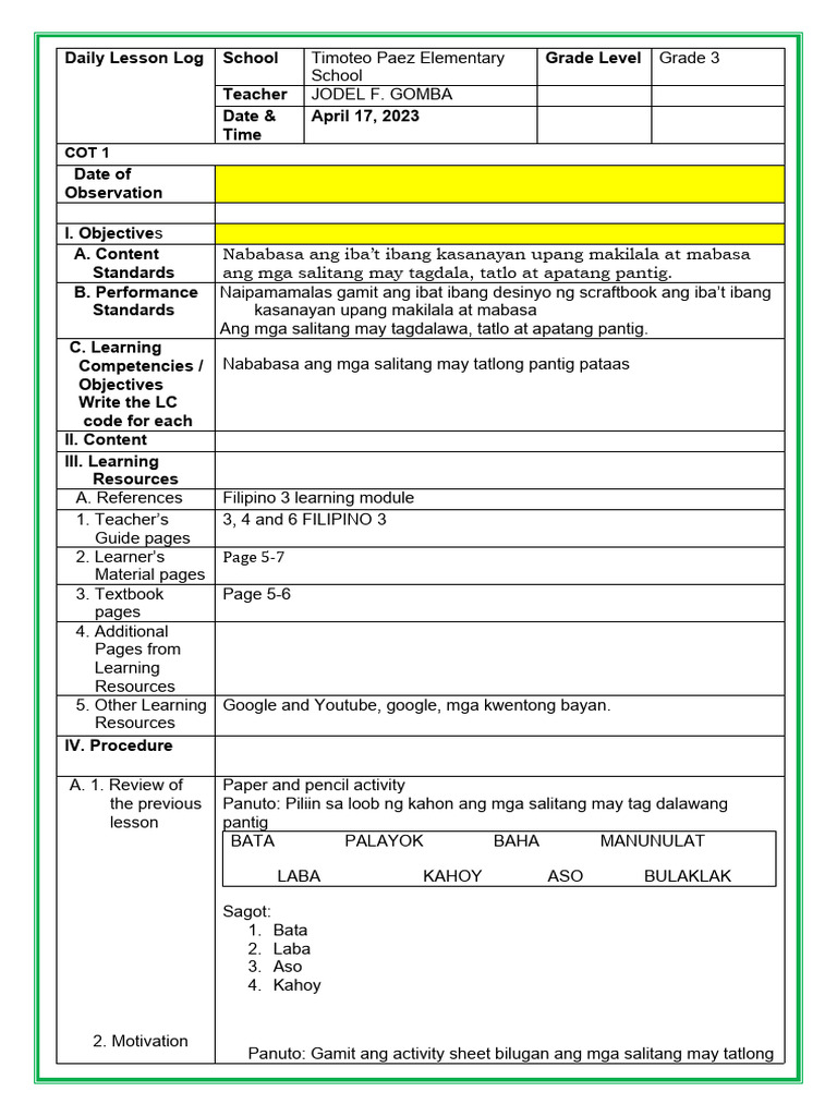 DLP Format 2022 2023 | PDF
