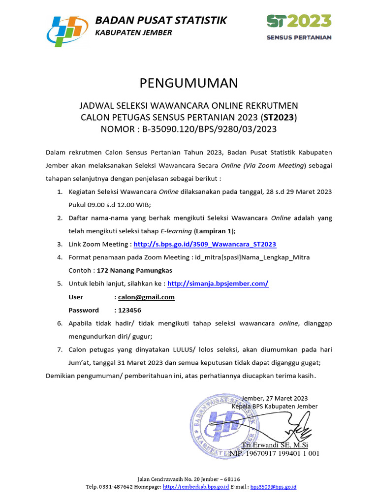 Surat Info Wawncara ST2023 BPS Kab-Jember Rev1 | PDF