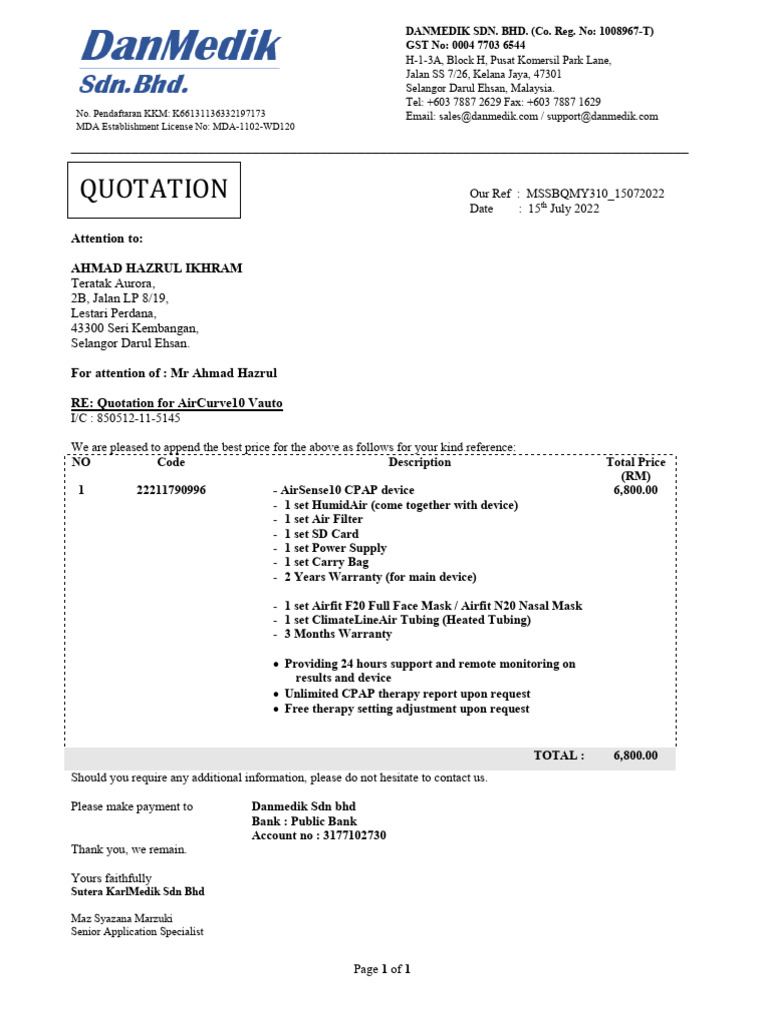 Quotation Cpap - Ahmad Hazrul | PDF