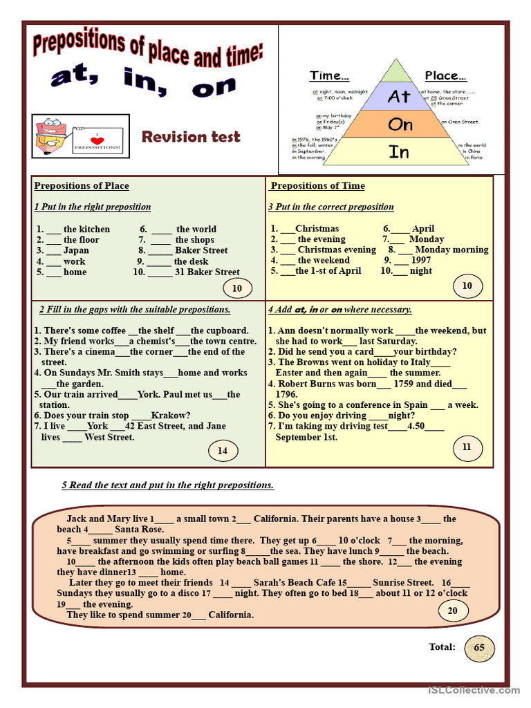 Prepositions of Place and Time Practice | PDF