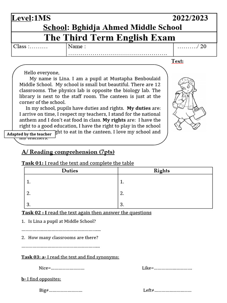 Third Term English Exam 1MS | PDF
