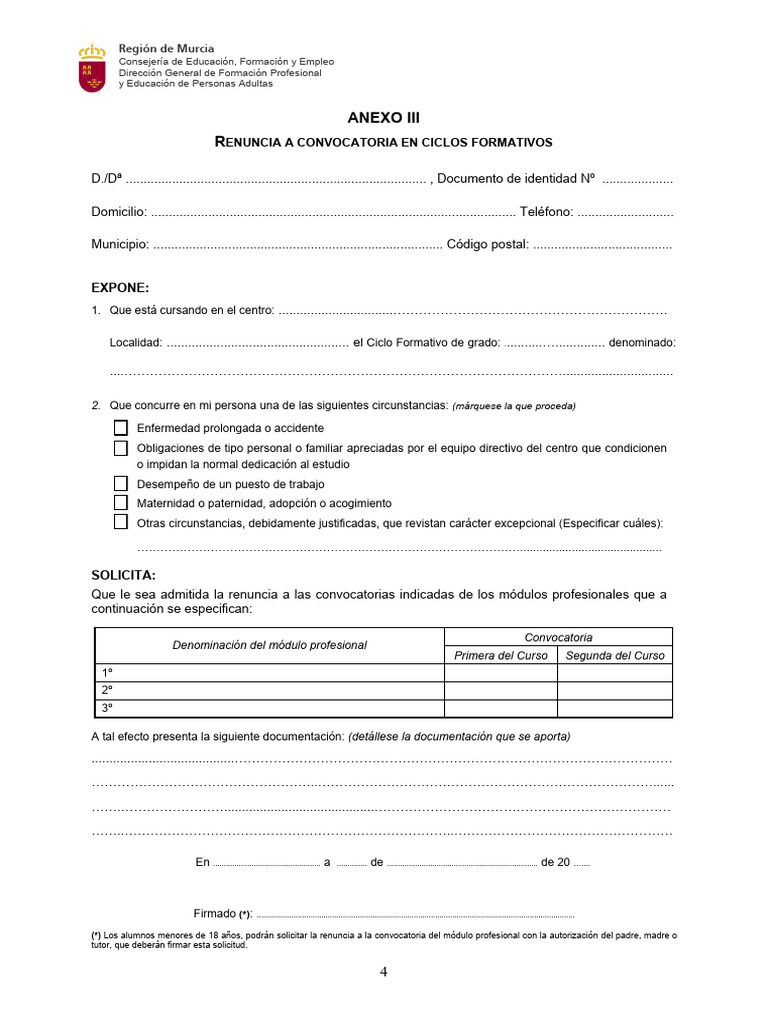 Anexo III. Renuncia A Convocatoria de Módulos | PDF