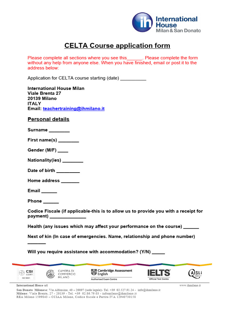 International House Milano CELTA Enrolment Form | PDF | Career & Growth