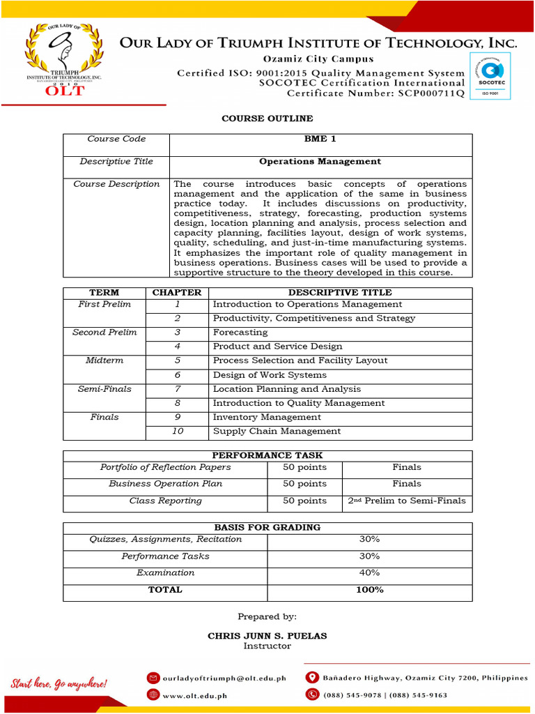 BME 1 Operations Management Course Outline | PDF