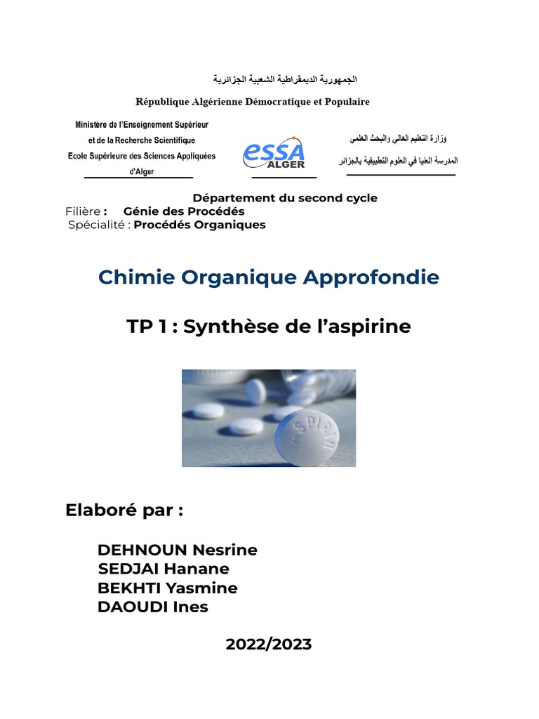 TP-Aspirine Chimie Organique Approfondie | PDF | Aspirine | Acide acétique