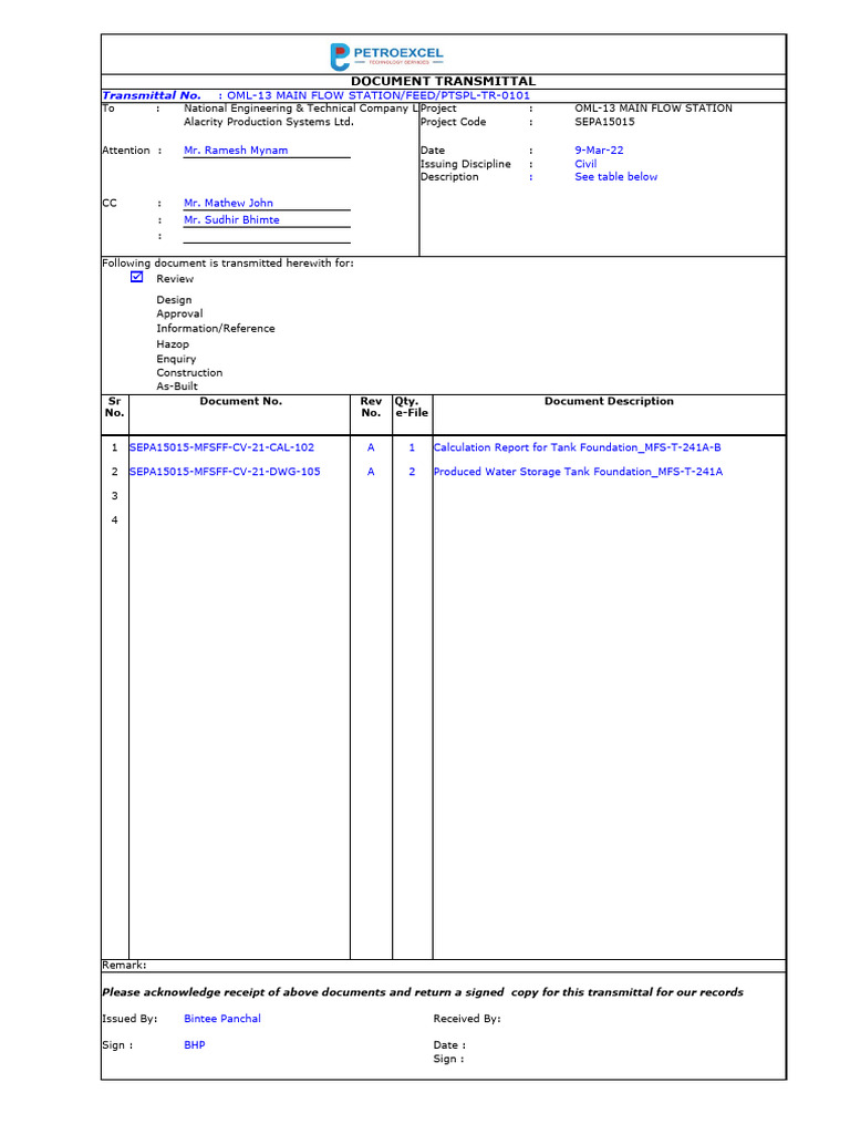 OML-13 Flow Station Document Transmittal | PDF