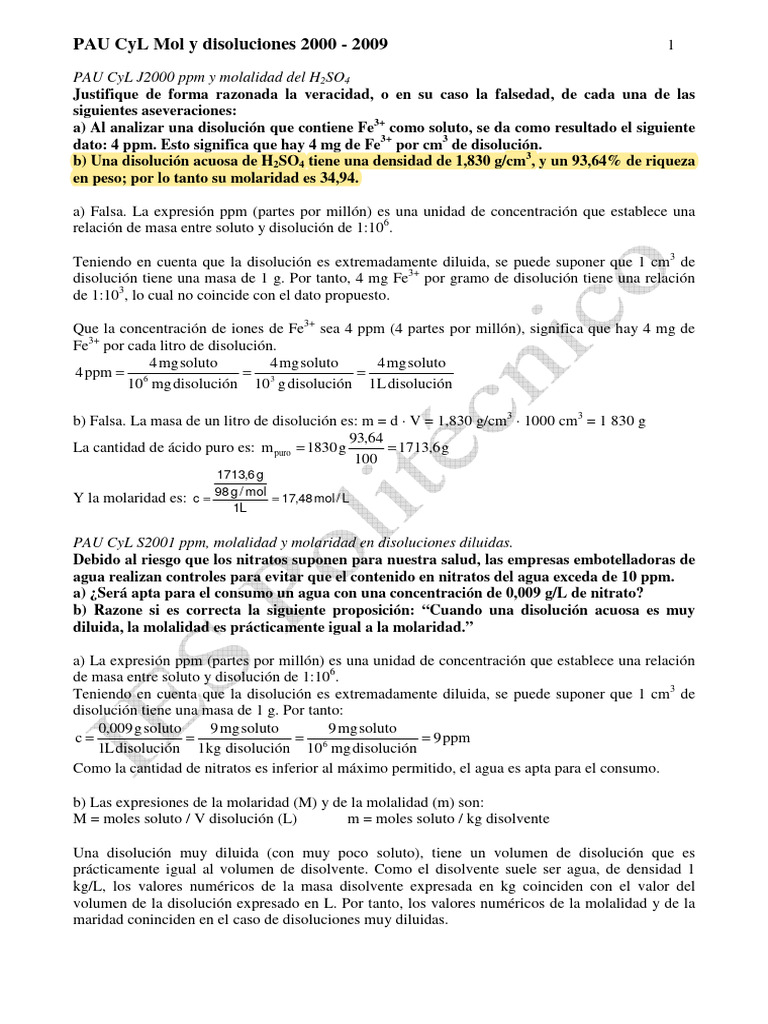 PAU CyL Mol y Disoluciones | Descargar gratis PDF | Concentración | Ácido clorhídrico