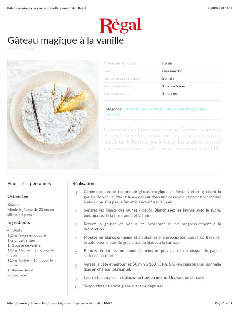 Gâteau Magique À La Vanille: Recette Gourmande - Régal | PDF | Cuisine ...