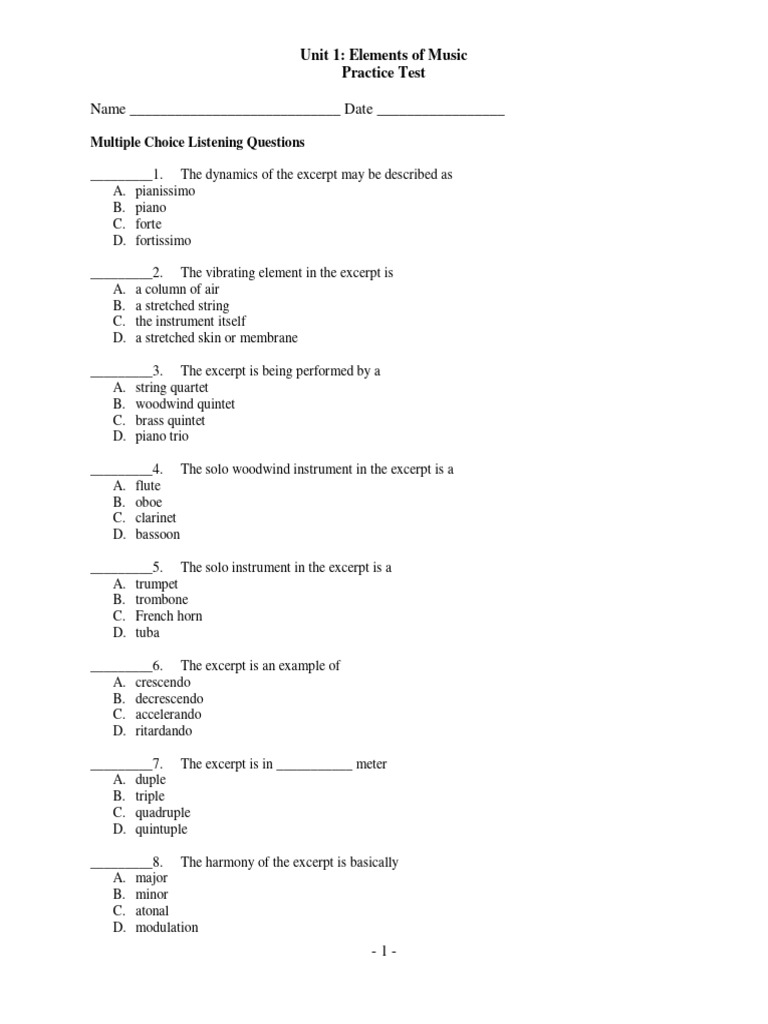 Music Elements Practice Test | PDF | Musical Instruments | Orchestras
