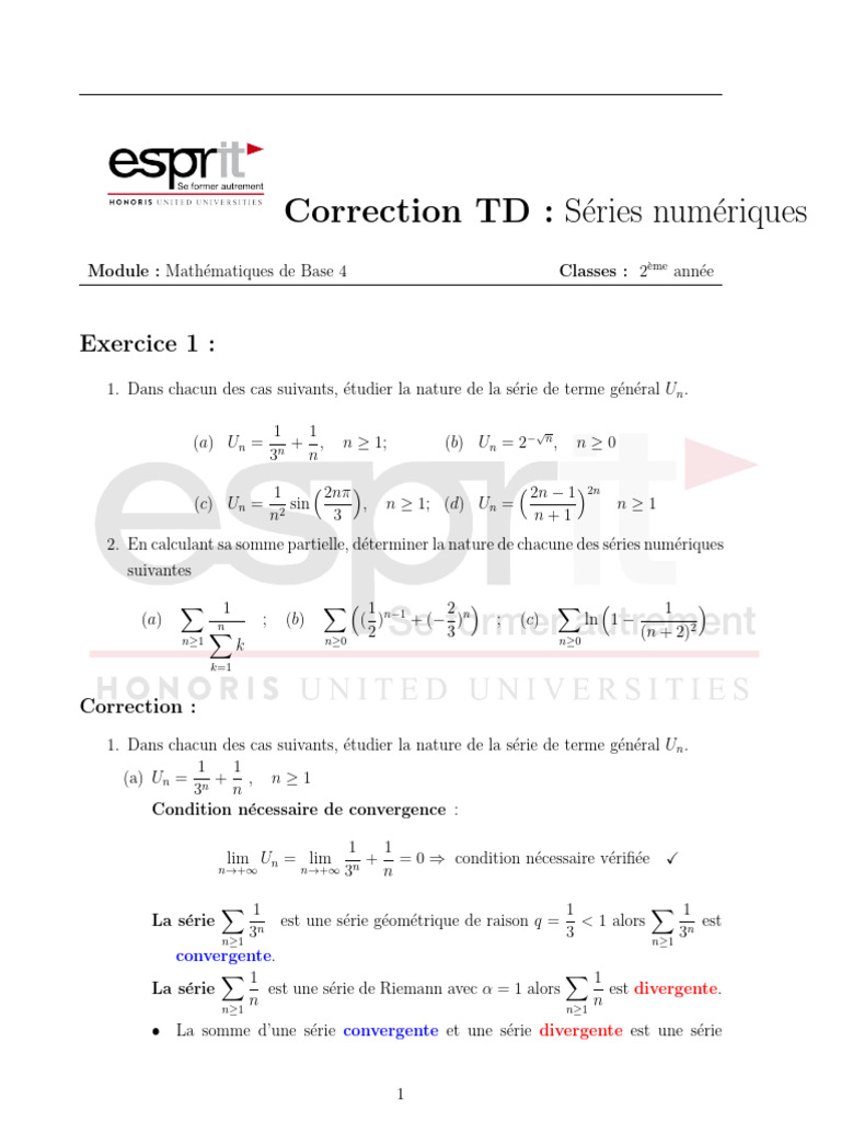 Correction TD1 Chap1 | PDF | Série (mathématiques) | Mathématiques