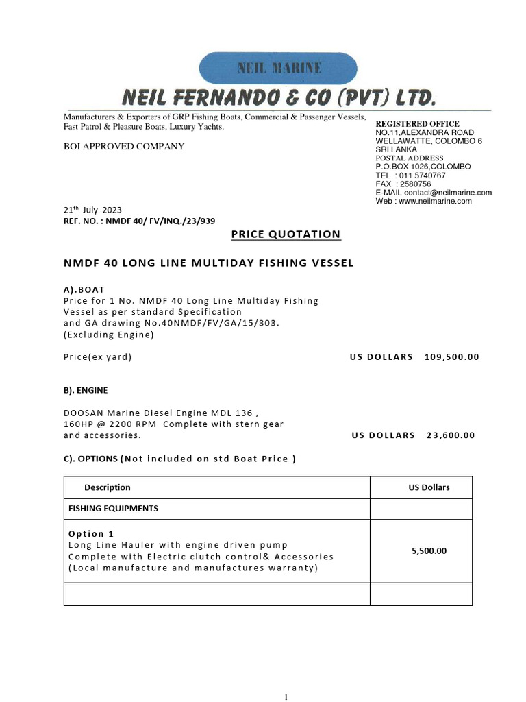 Price Quotation NMDF 40 Long Line Fishing Boat Q | PDF