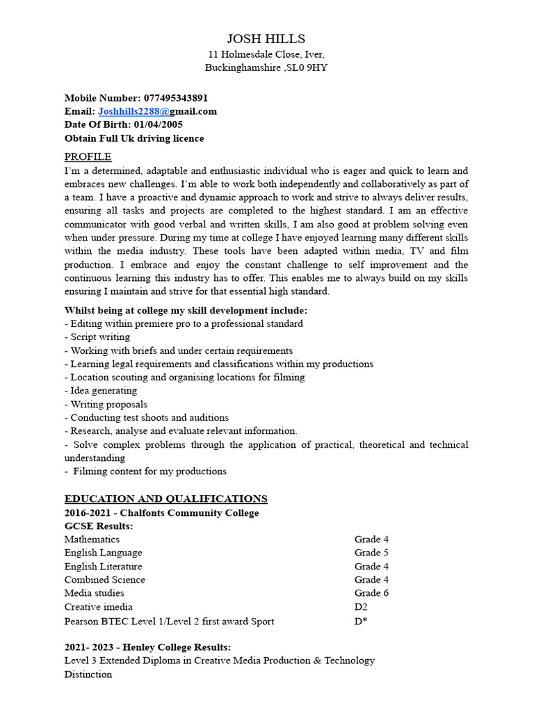 Josh Hills cv-2 | PDF | Learning | Cognition