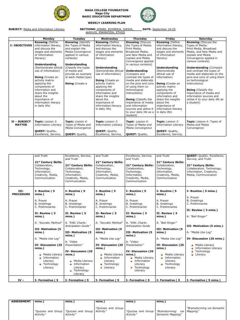 Weekly Learning Plan: Media Literacy | PDF | Information Literacy ...