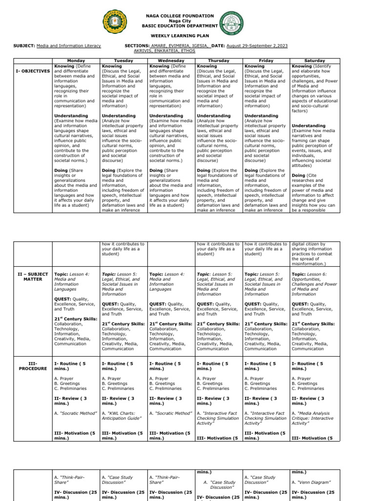 Weekly Learning Plan Format | PDF | Information | Narrative
