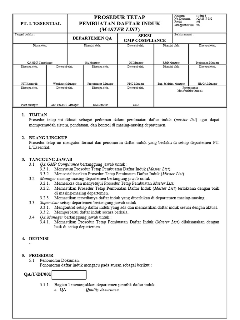 QASS-P-032 (01) Pembuatan Daftar Induk (Master List) | PDF