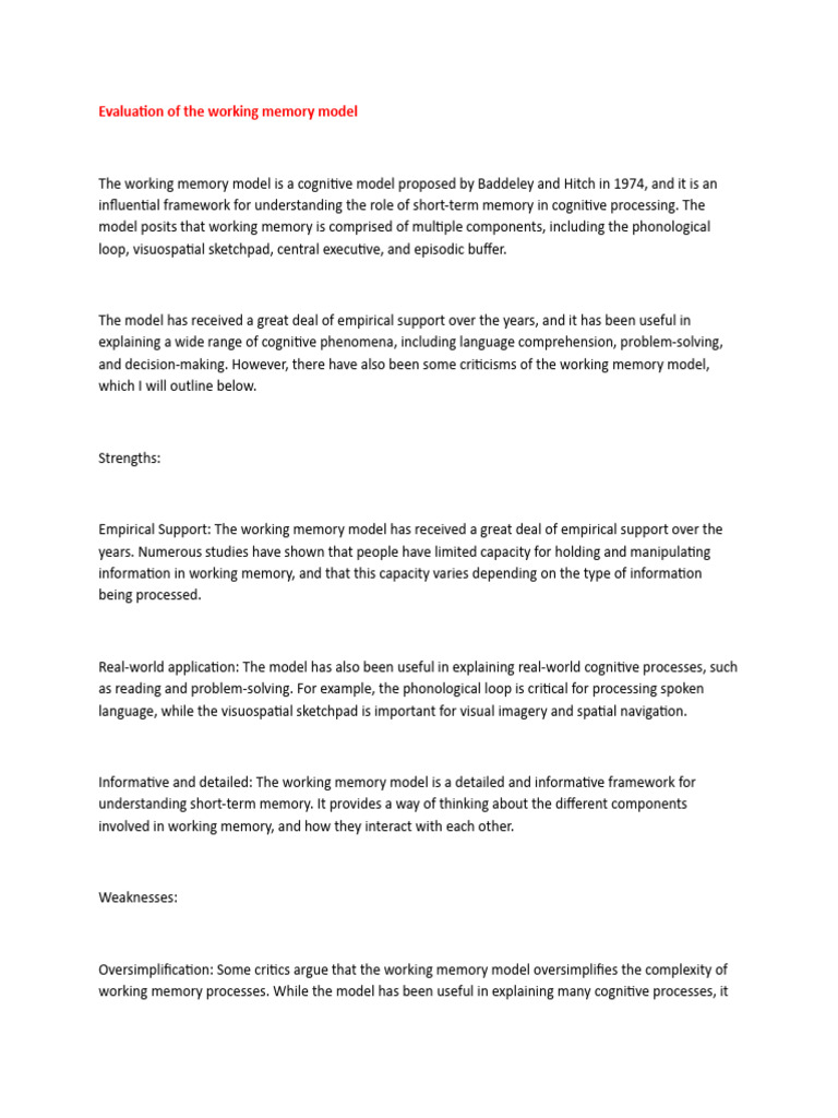 Evaluation of The Working Memory Model | PDF | Working Memory | Memory