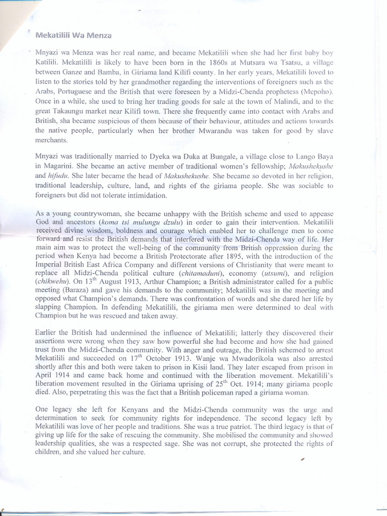 Mekatilili Wa Menza A Historical Perspective | PDF