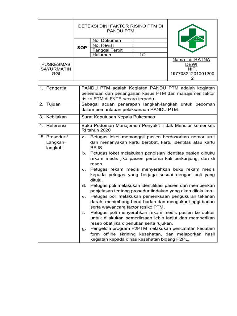 Sop Deteksi Dini FR PTM Di Pandu PTM | PDF