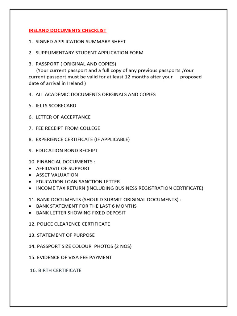Ireland Documents Checklist | PDF