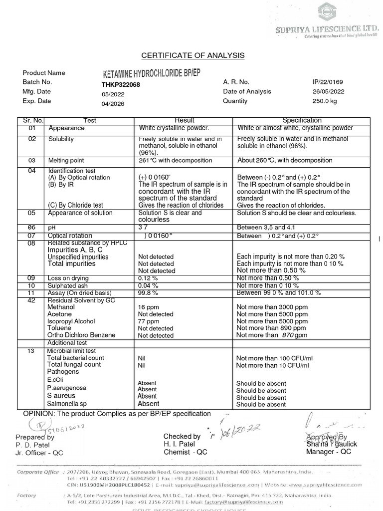 Ketamine HCL COA With MLT. SUPRIYA | PDF | Solubility | Ethanol