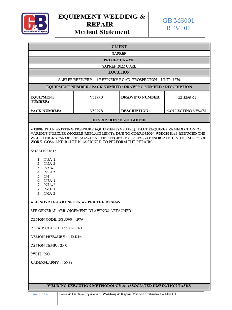 Repair Weld Method Statement - V3299B | Download Free PDF | Welding | Construction