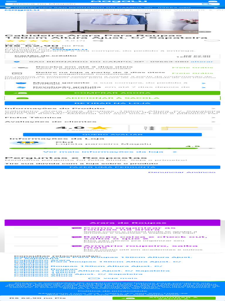 Cabideiro Arara para Roupas 150cm Altura Ajust. C Sapateira - Clink - Arara de Roupas - Magazine ...