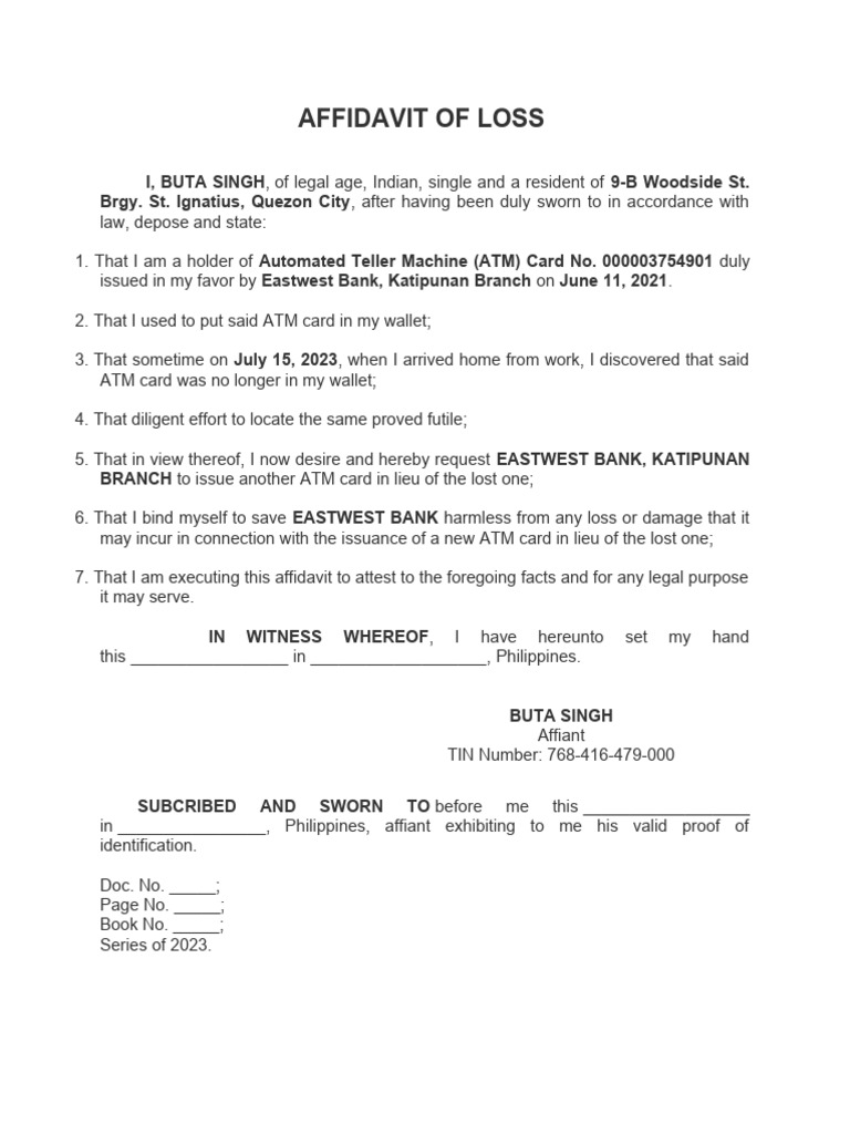 Affidavit of Loss Atm | PDF | Finance & Money Management | Social Science