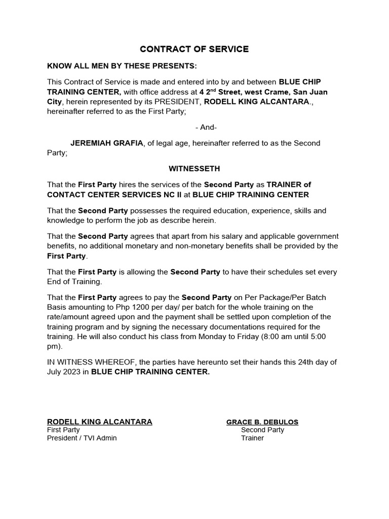 Contract for Trainer at Blue Chip Center | PDF