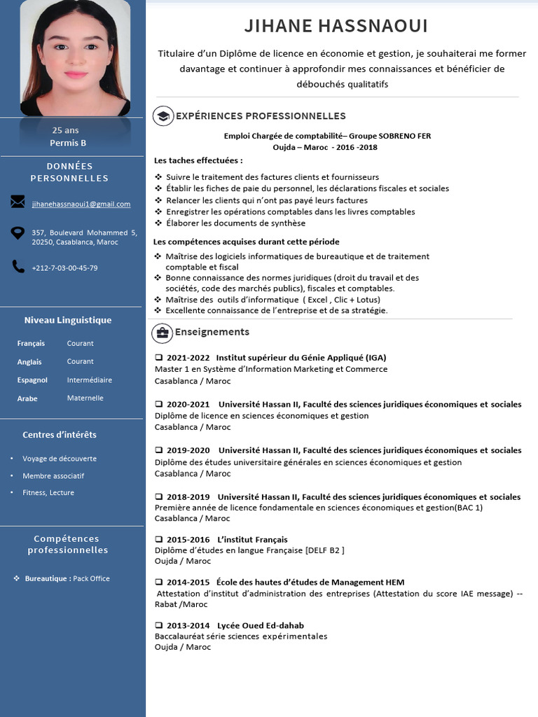 CV de Jihane Hassnaoui en Économie | PDF | Maroc | Informatique