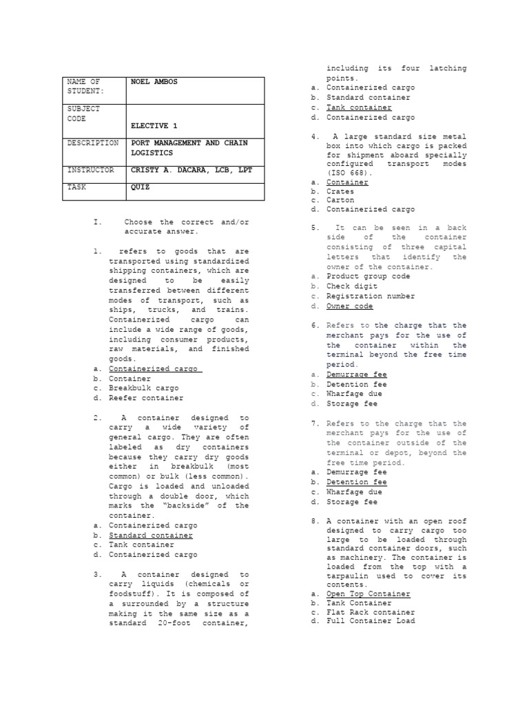 Container Quiz | PDF | Cargo | Containerization