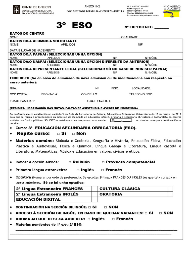 Matrícula 3º Eso 2023 | PDF