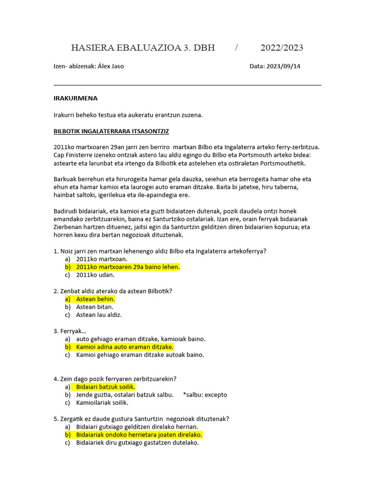 Hasiera Ebaluazioa 3. DBH 22-23 | PDF