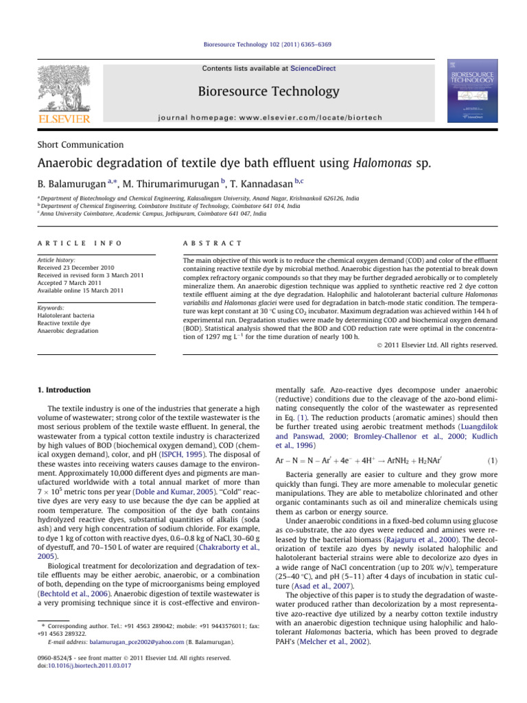 Anaerobic Degradation of Textile Dye Bath Effluent Using Halomonas SP ...