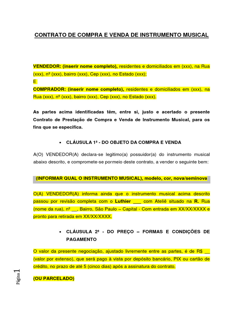 Contrato de Compra e Venda de Instrumento Musical | PDF | Lei e ...