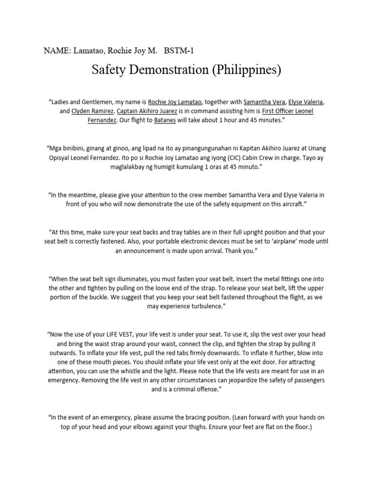 Inflight Safety Demontration Script | PDF | Manufactured Goods | Transport