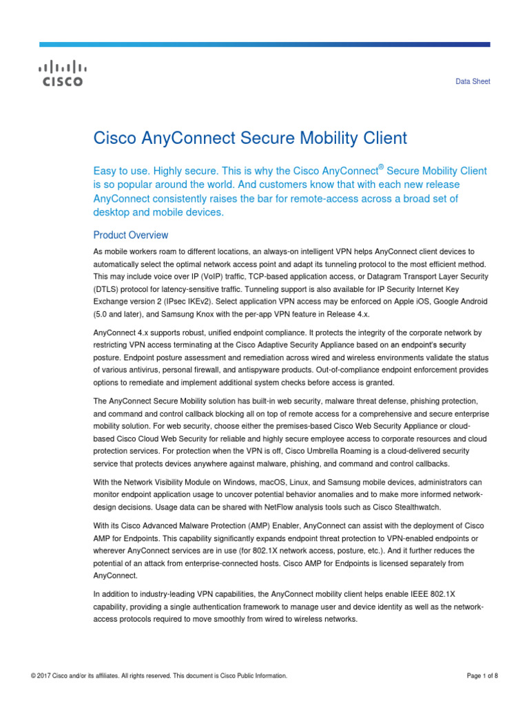 Cisco AnyConnect Secure Mobility Client Data Sheet | PDF | Computer Network | Network Protocols