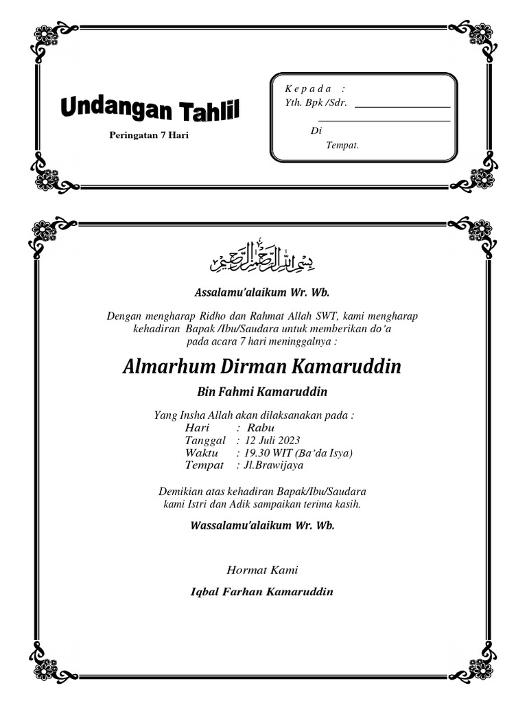 Contoh Undangan Tahlilan 7 Hari | PDF