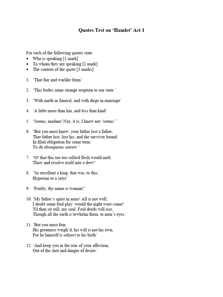 Quotes Test On Hamlet Act 1 | PDF