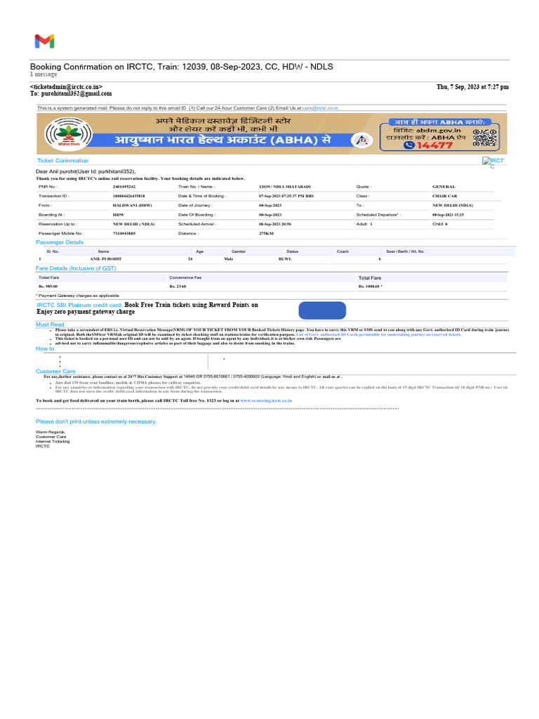 Gmail - Booking Confirmation On IRCTC, Train - 12039, 08-Sep-2023, CC ...