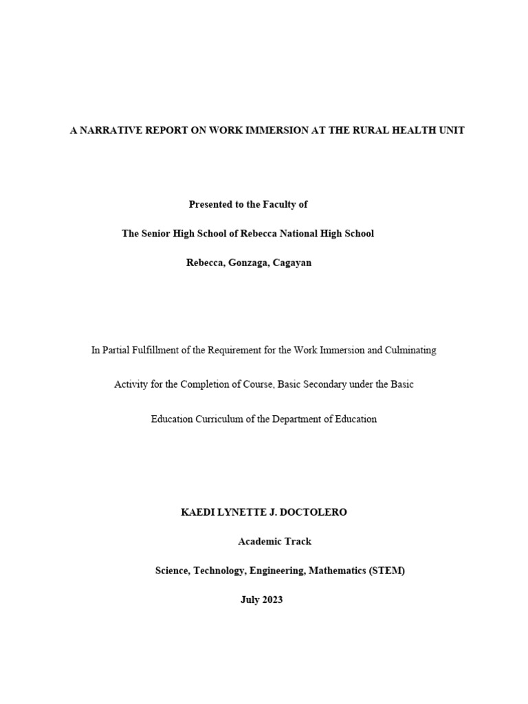 A Narrative Report On Work Immersion at The Rural Health Unit | PDF