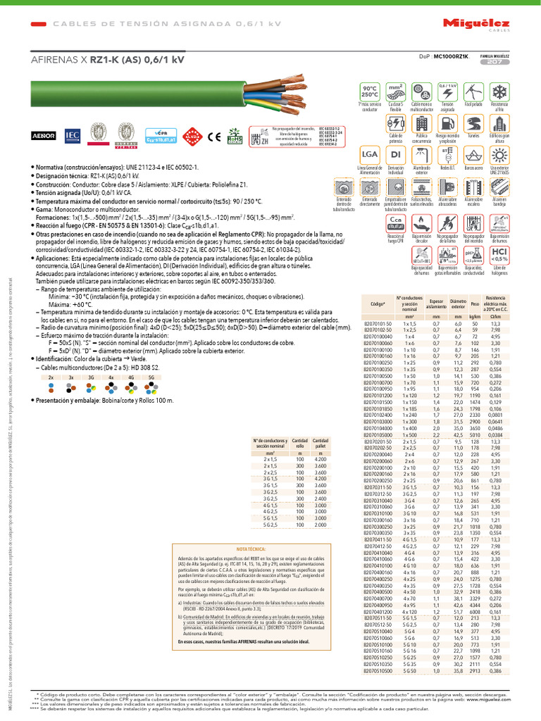 RZ1-K (AS) 0,6/1 KV: Afirenas X | PDF | Elementos químicos | Metales de ...