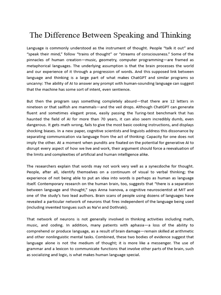 Chat GTP The Difference Between Speaking and Thinking | PDF | Thought ...