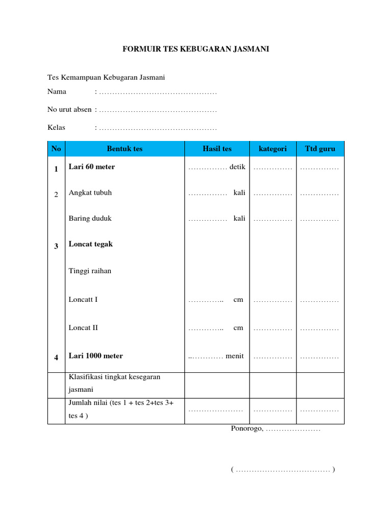 Formulir Tes Kebugaran Jasmani | PDF