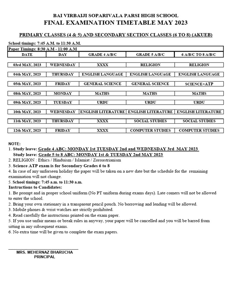 Final Examination Time Table Pri April May 2023 - Akueb | PDF