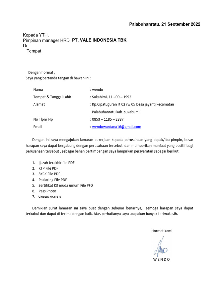 Pelabuhanratu, 17 Juli 2022 Pimpinan Manager HRD PT. DEWA PATRIA Kepada YTH | PDF