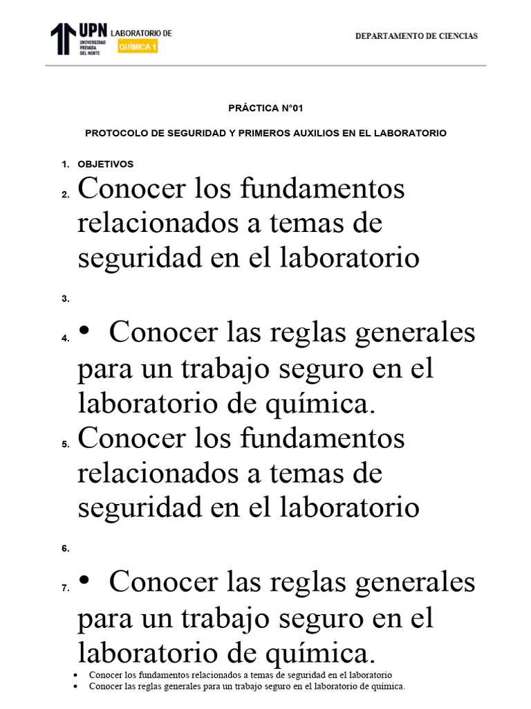 Guía Práctica 01 - Protocolo de Seguridad y Primeros Auxilios en Laboratorio | PDF ...