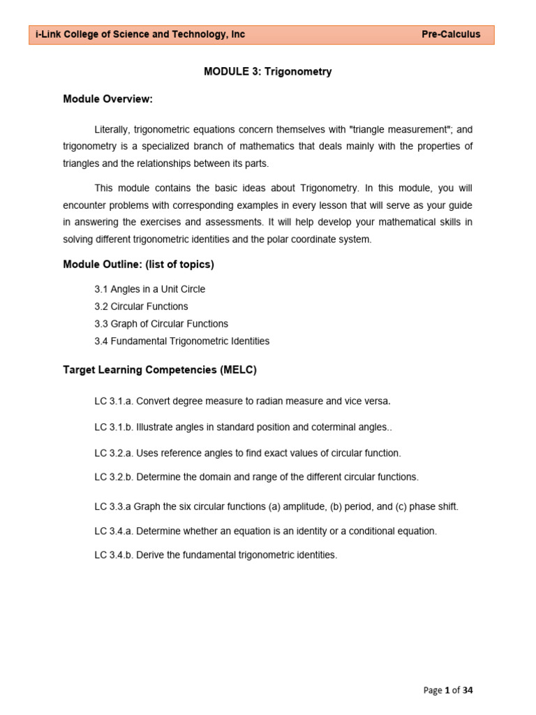PreCalculus Module3 | PDF | Trigonometric Functions | Trigonometry
