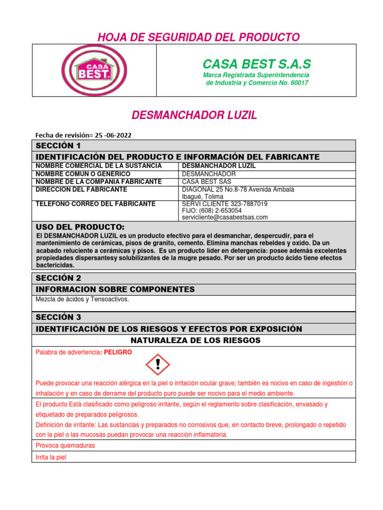 Ficha Seguridad Desmanchador Luzil | PDF | Agua | Toxicidad