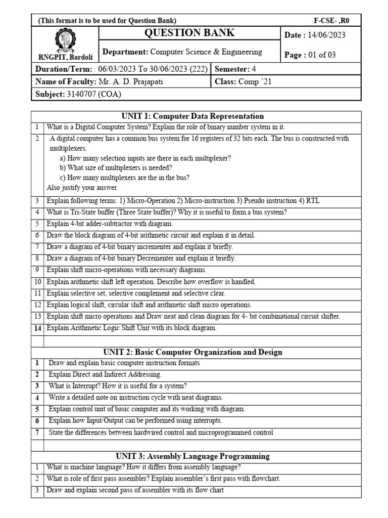 COA Question Bank | PDF | Assembly Language | Central Processing Unit COA Question Bank | PDF | Assembly Language | Central Processing Unit