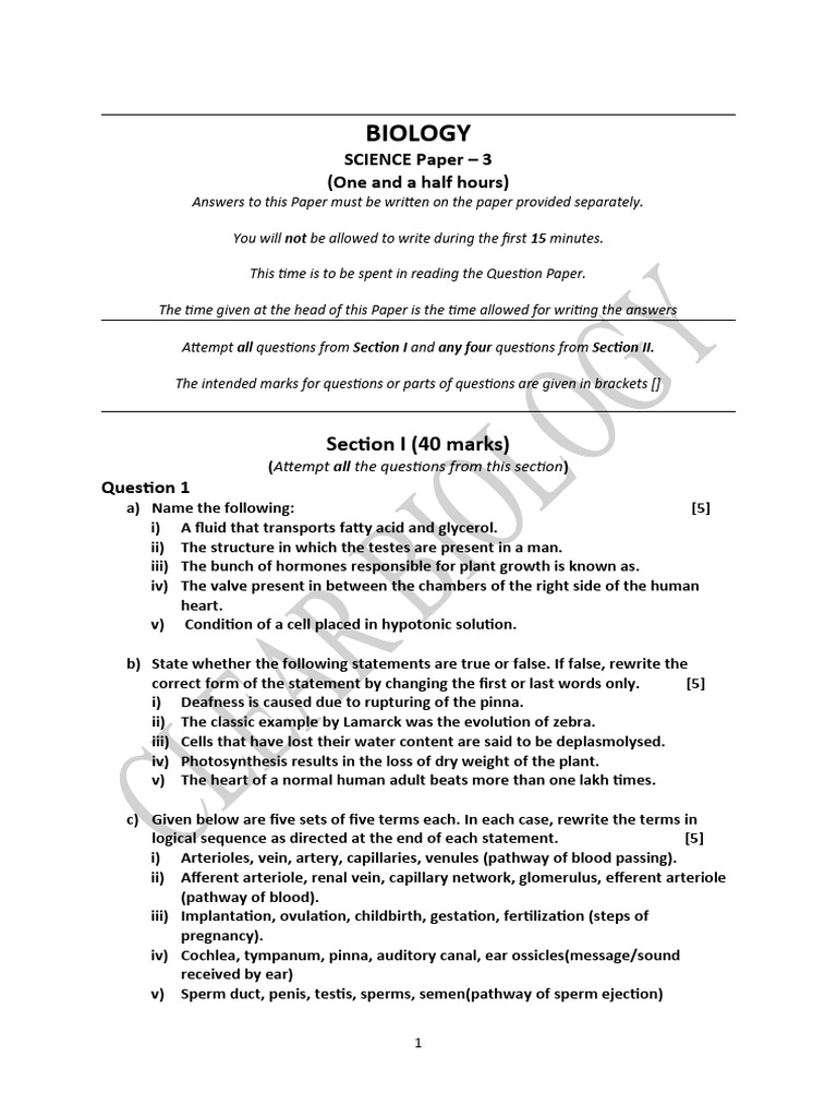 Biology: SCIENCE Paper - 3 (One and A Half Hours) | PDF | Hormone ...